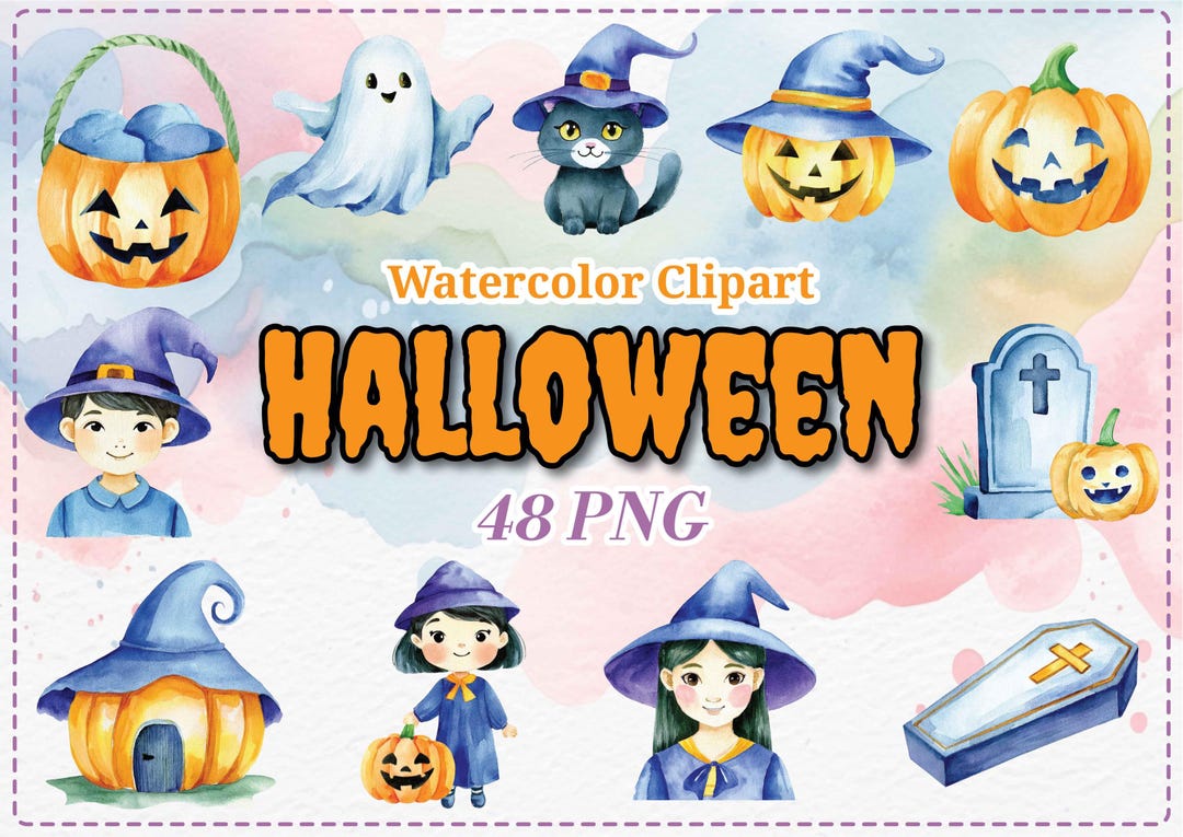 Watercolor Halloween Clipart Bundle, Spooky Clip Art, Pumpkin Clipart ...
