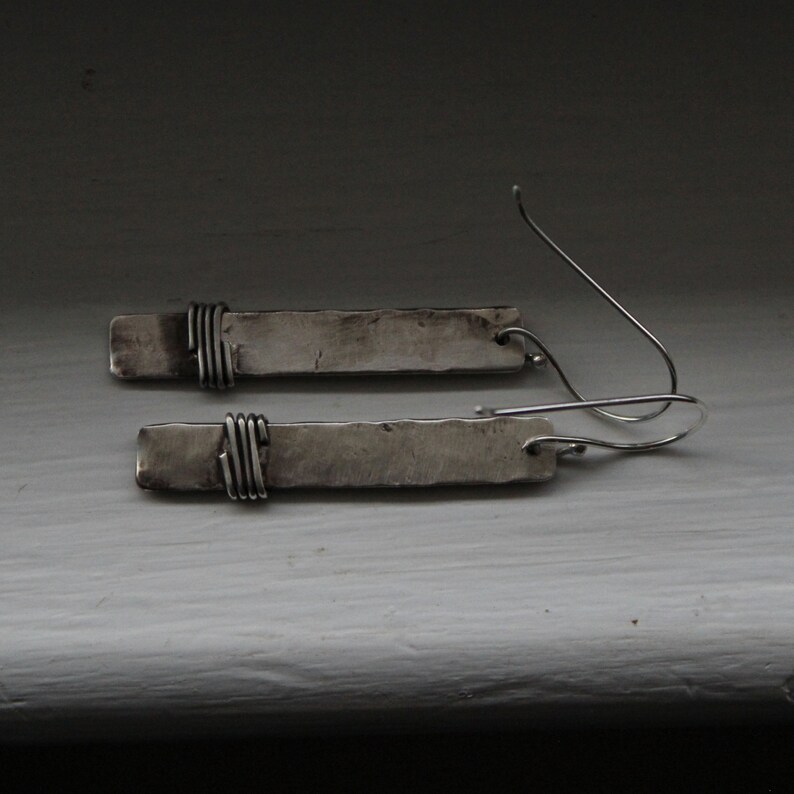 Sterling Silver Rectangle Hammered and Wire Wrapped Earrings - Etsy