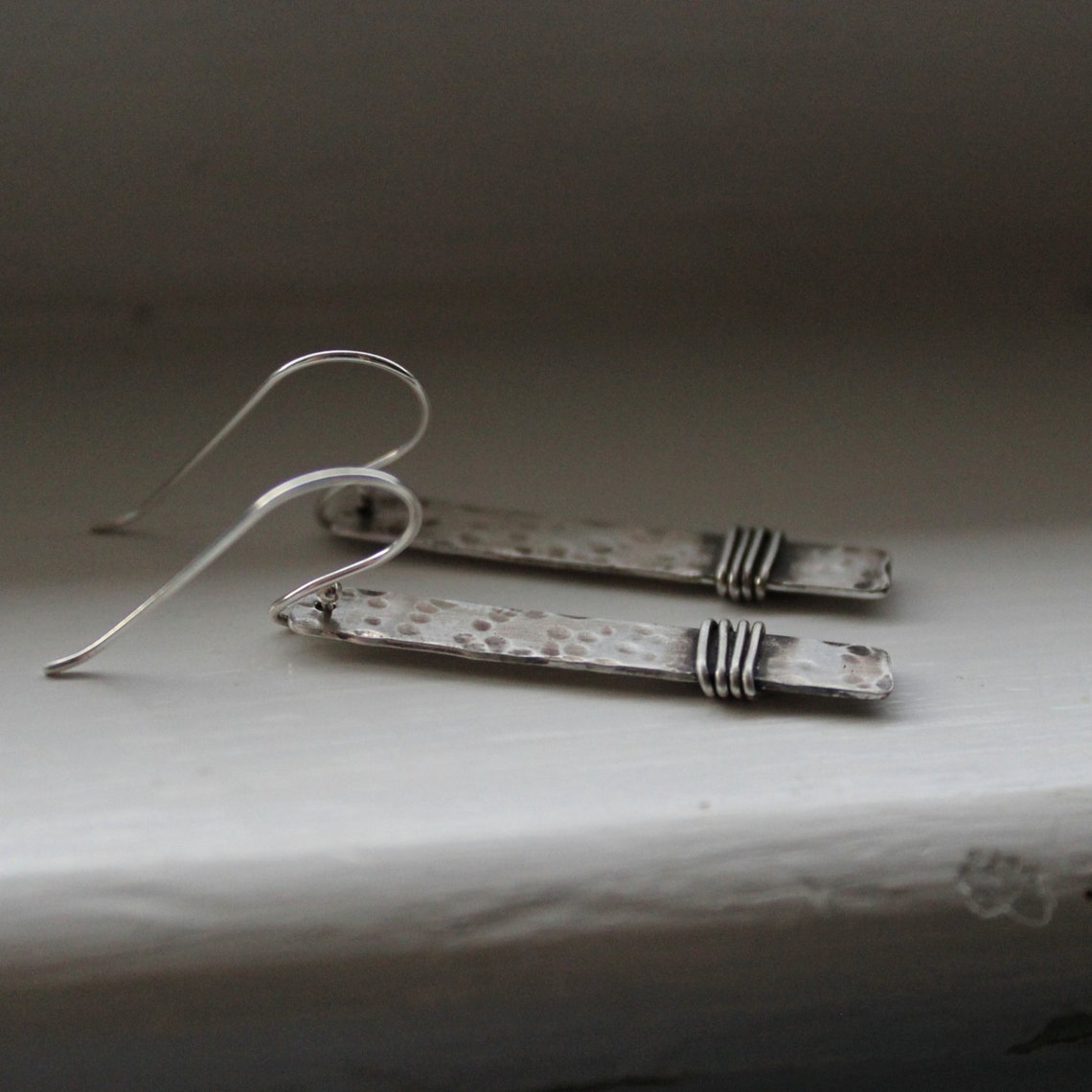 Sterling Silver Rectangle Hammered and Wire Wrapped Earrings - Etsy