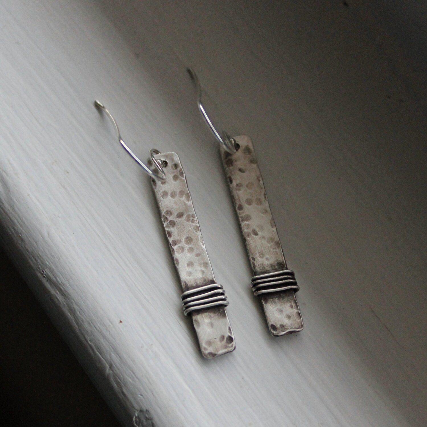 Sterling Silver Rectangle Hammered and Wire Wrapped Earrings - Etsy