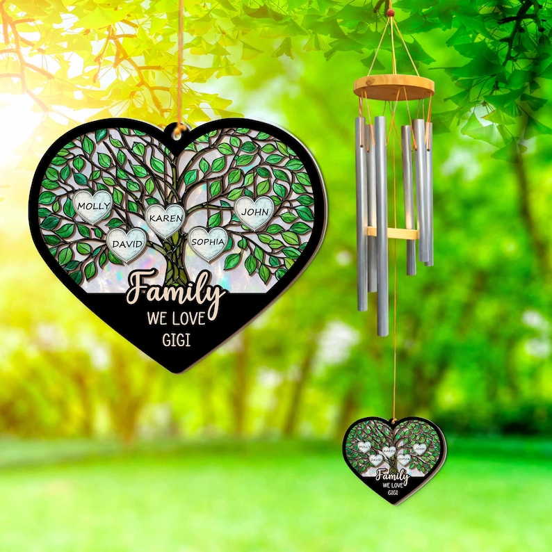 Personalized Family Tree Wind Chime, Heart Family Wind Chime, Custom ...
