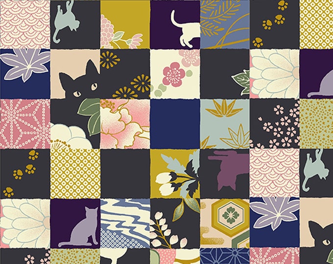 Japanese Fabric Quilt Gate Neko Metallic Cats Floral Kimono Prints ...