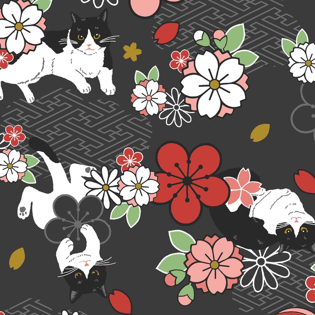 Japanese Fabric Hachiware Romance Tuxedo Cats and Cherry Blossoms ...