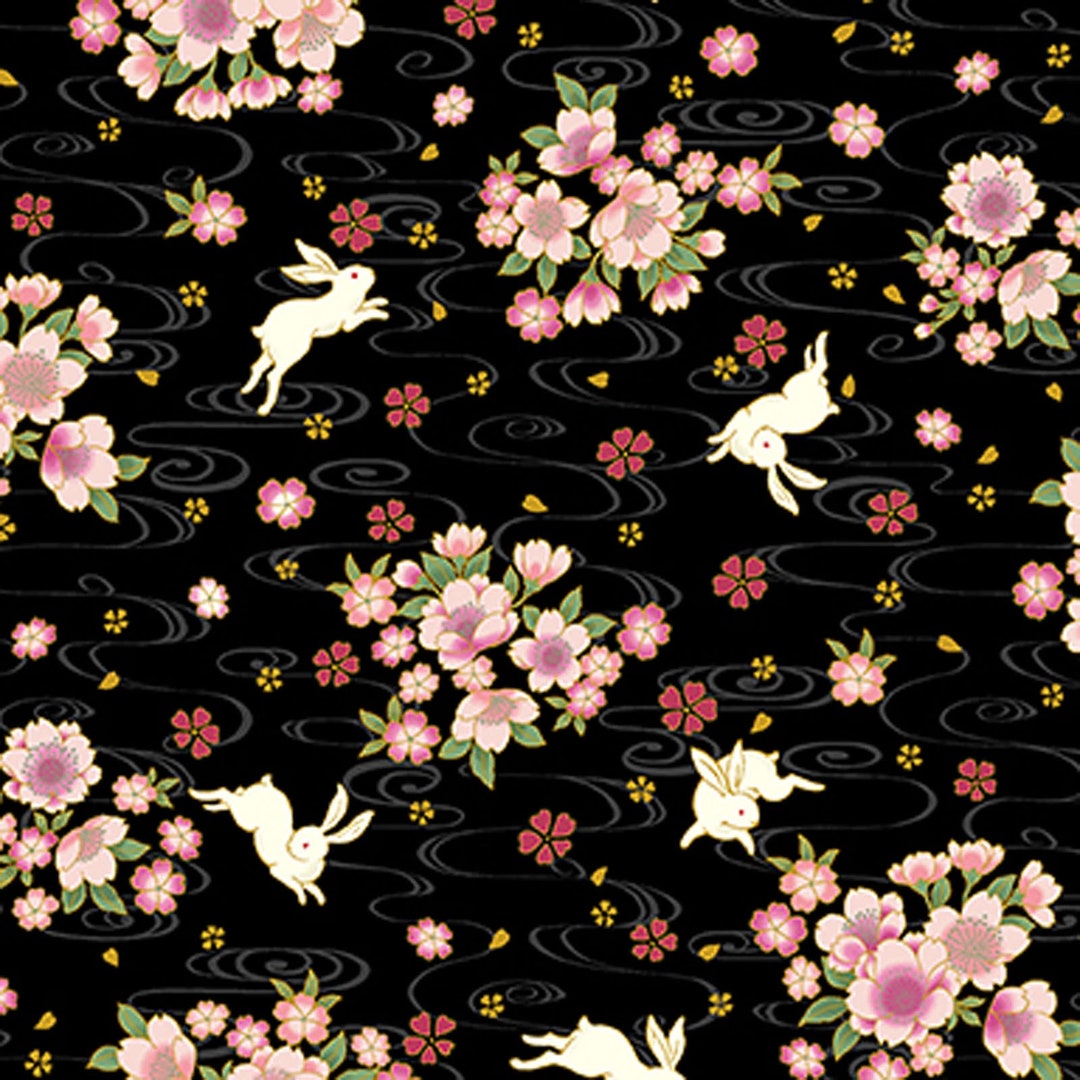 Japanese Fabric Quilt Gate Usagi II Rabbit and Cherry Blossoms Black ...