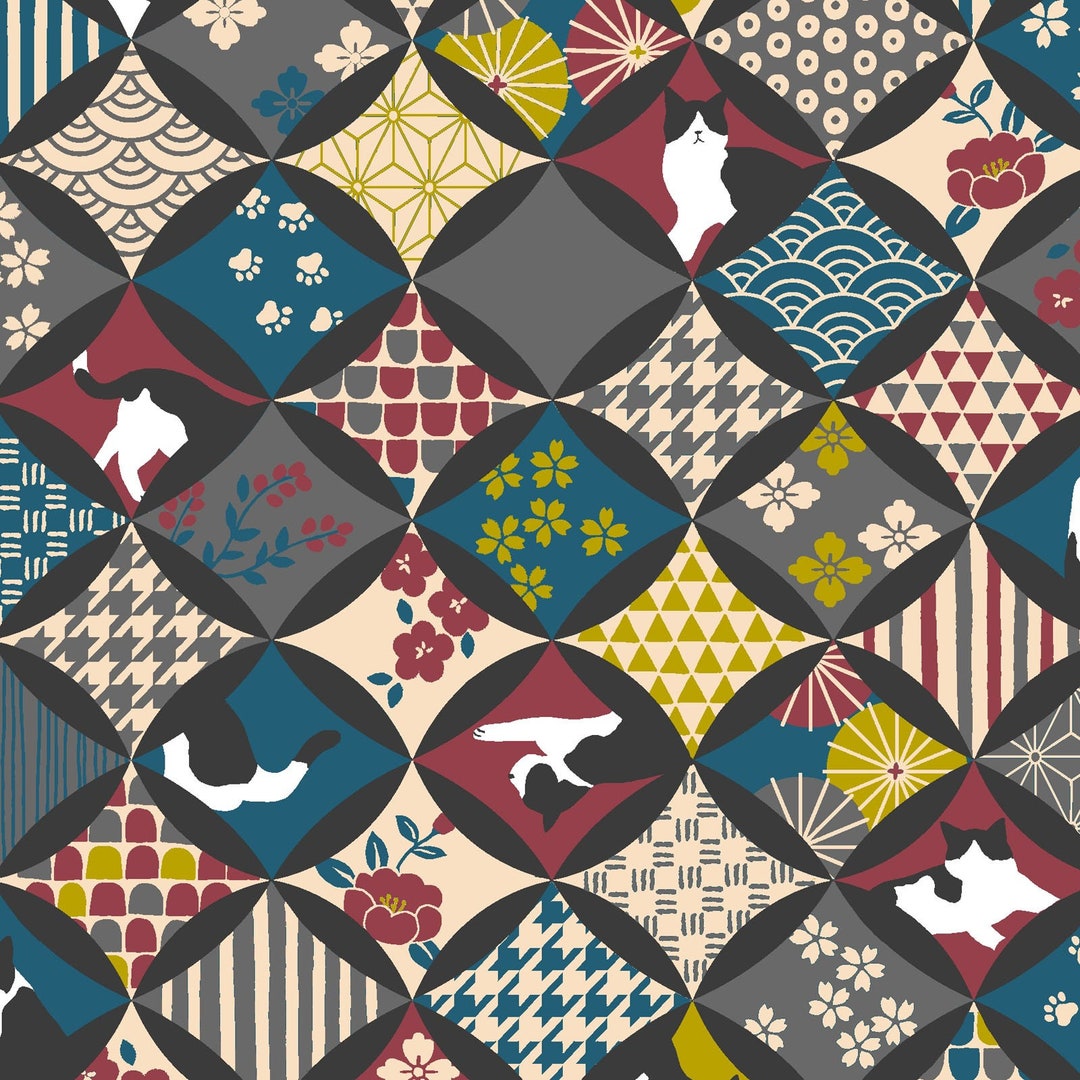 Japanese Fabric Hachiware Romance Tuxedo Cats and Traditional Japanese ...