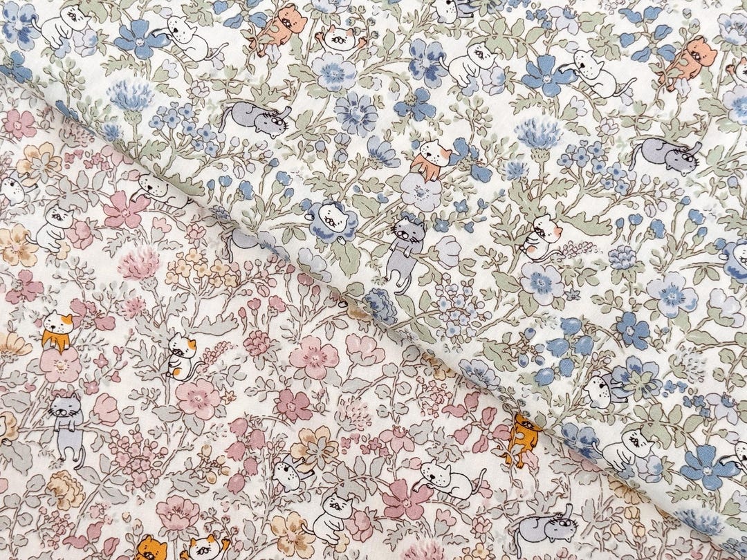 Cotton Kobayashi Cats & Flowers Japanese Broadcloth Fabric Soft ...