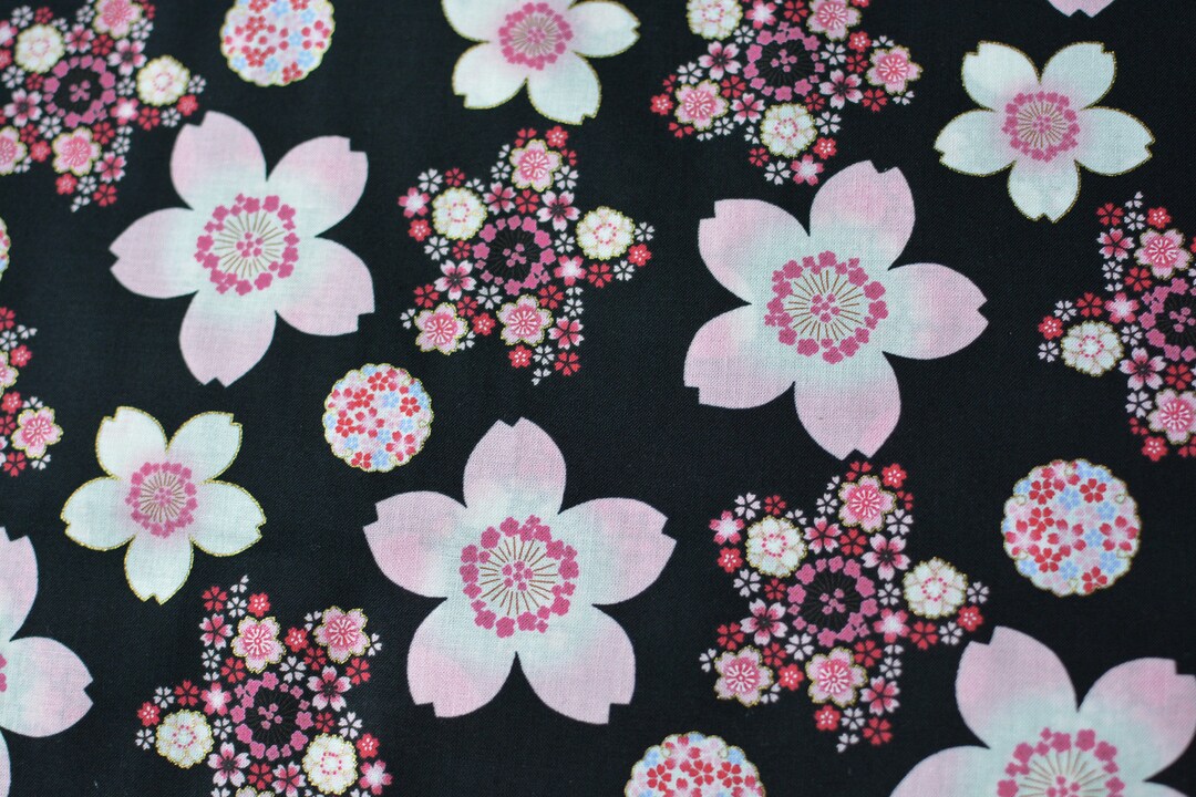 Japanese Sakura Fabric Kimono Inspired Black Metallic Gold Accent - Etsy