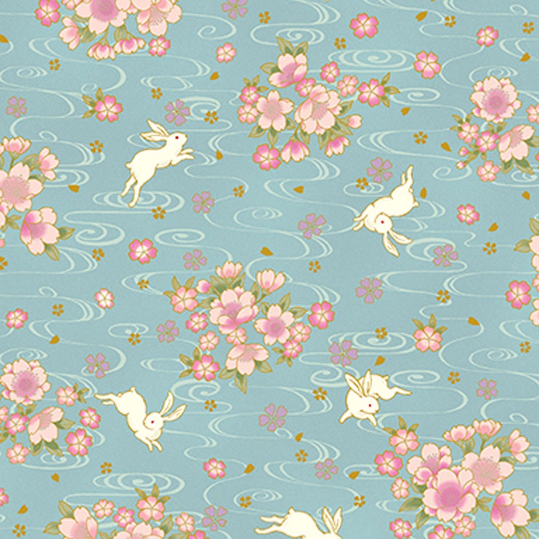 Japanese Fabric Quilt Gate Usagi II Rabbit and Cherry Blossoms Blue 12C ...