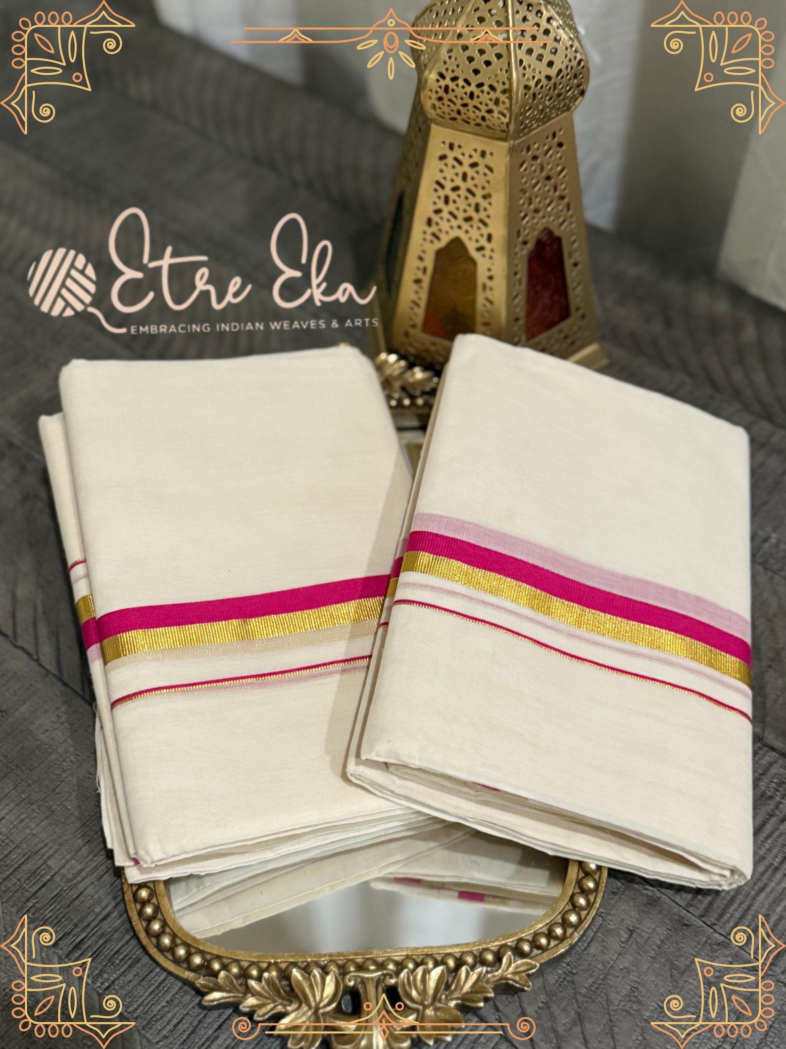 Kuthampulli Handloom Kerala Set Mundu in Pink and Gold Border and Pallu ...
