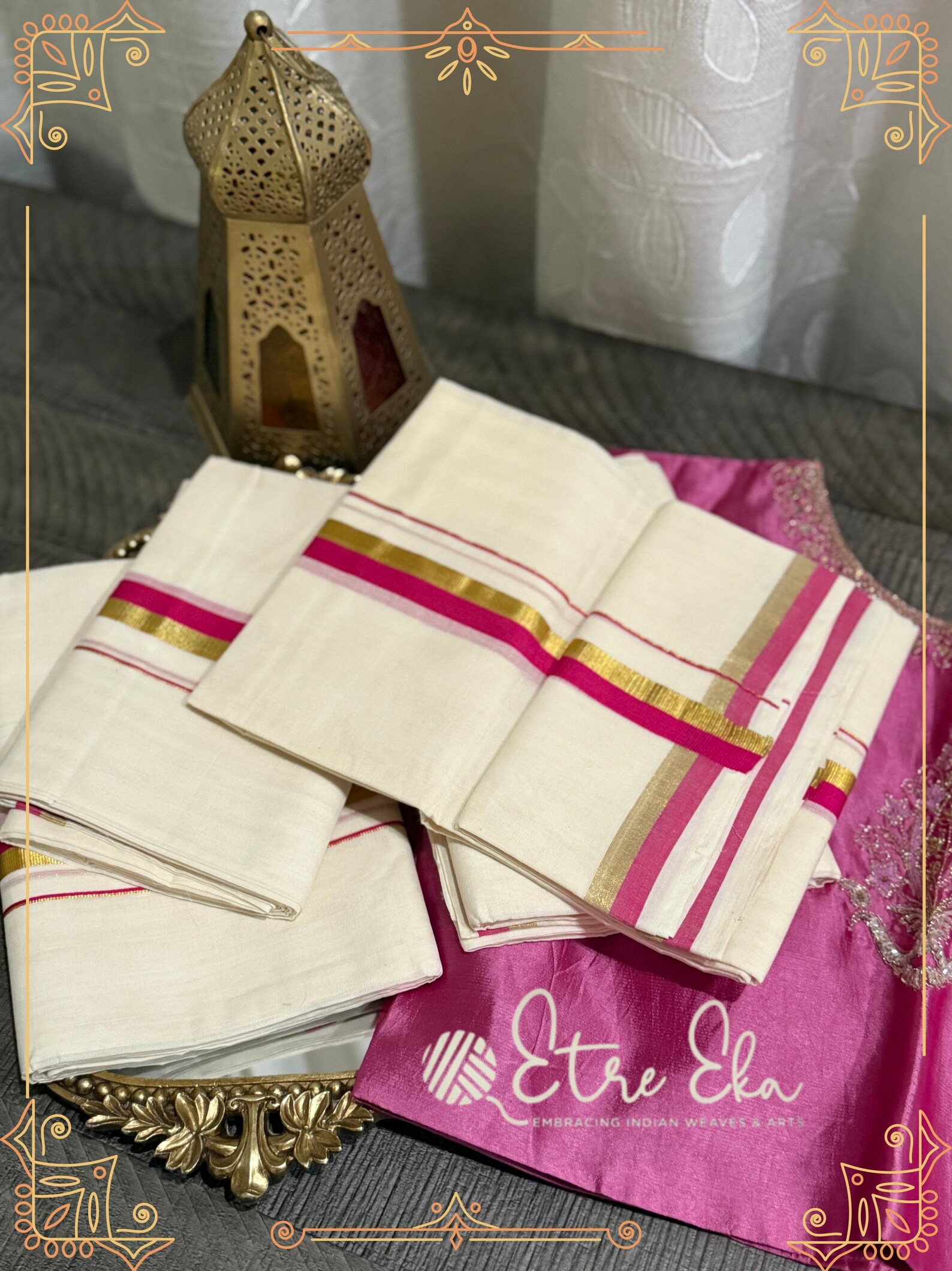 Kuthampulli Handloom Kerala Set Mundu in Pink and Gold Border and Pallu ...