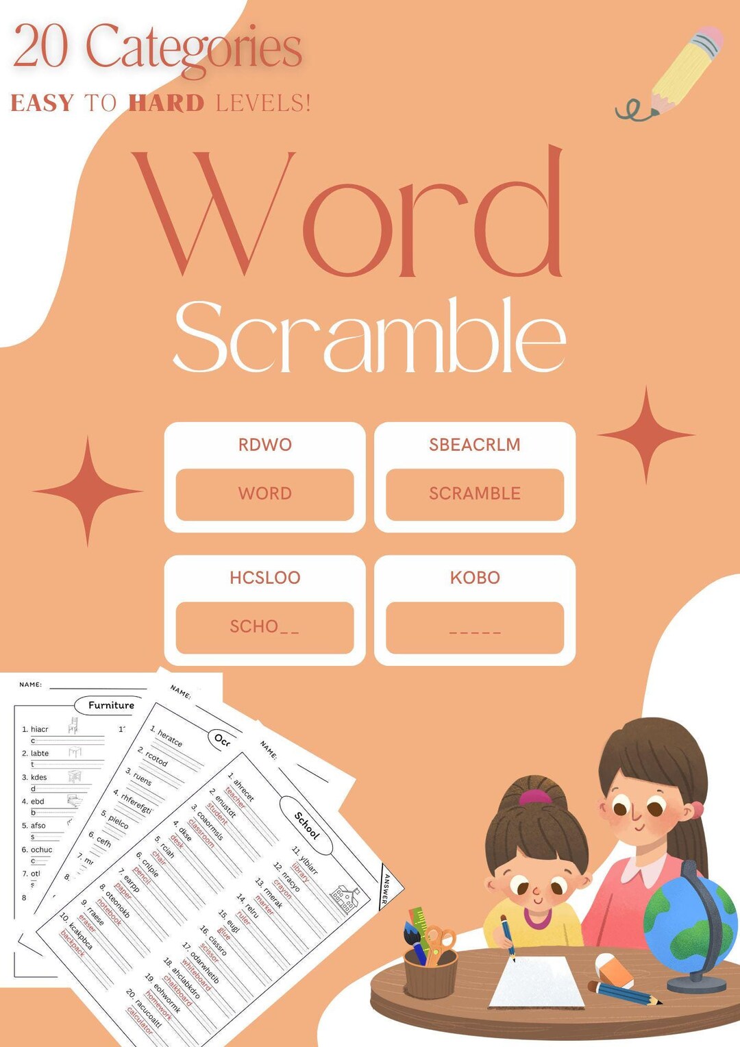 Fun & Educational Word Scramble Puzzles 20 Categories, 3 Skill Levels ...