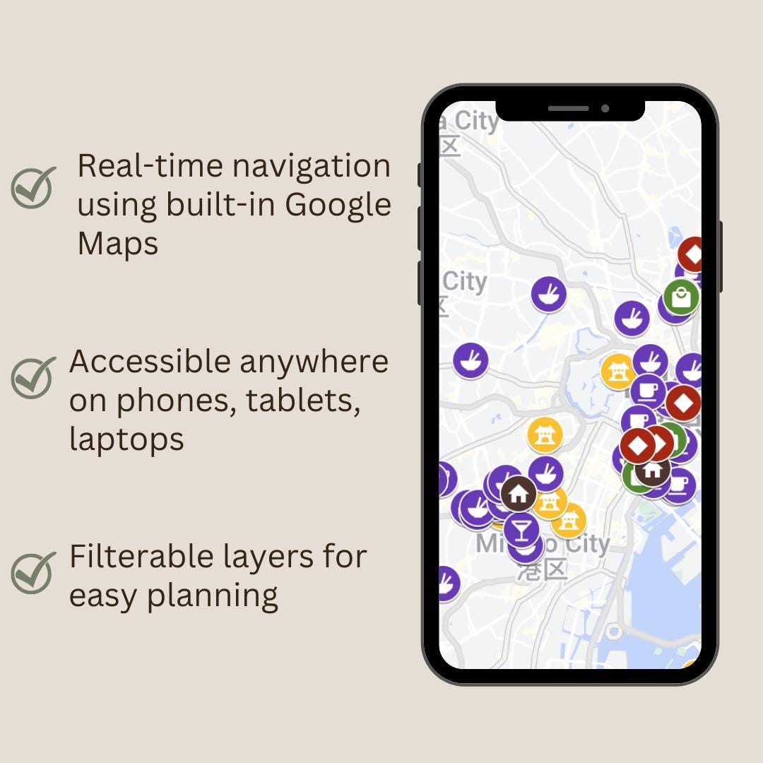 Japan Digital Travel Map for Google Maps Location Pins Tokyo Itinerary ...