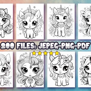 200 Cute Unicorn Coloring Pages for Kids Printable Digital Bundle With ...