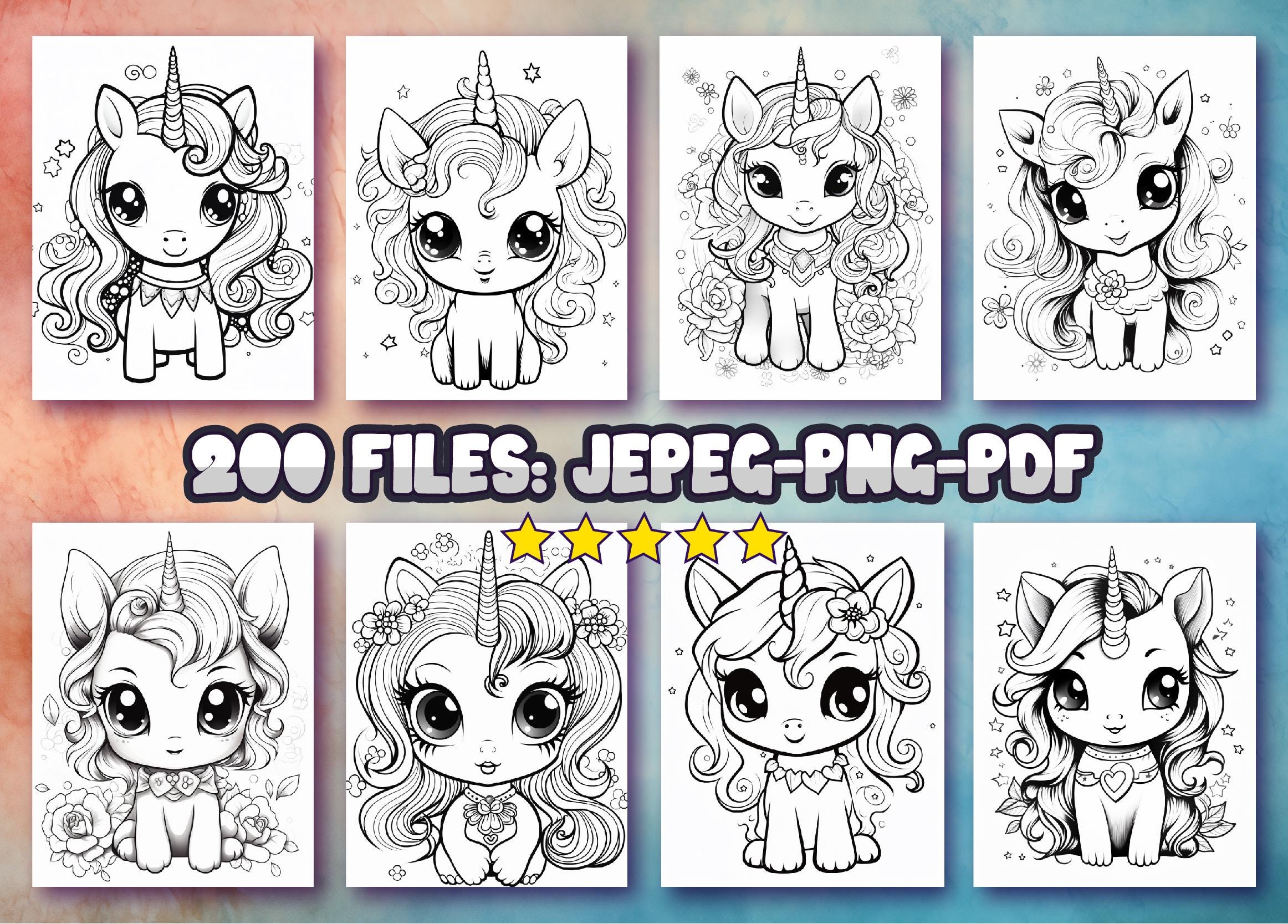 200 Cute Unicorn Coloring Pages for Kids Printable Digital Bundle With ...
