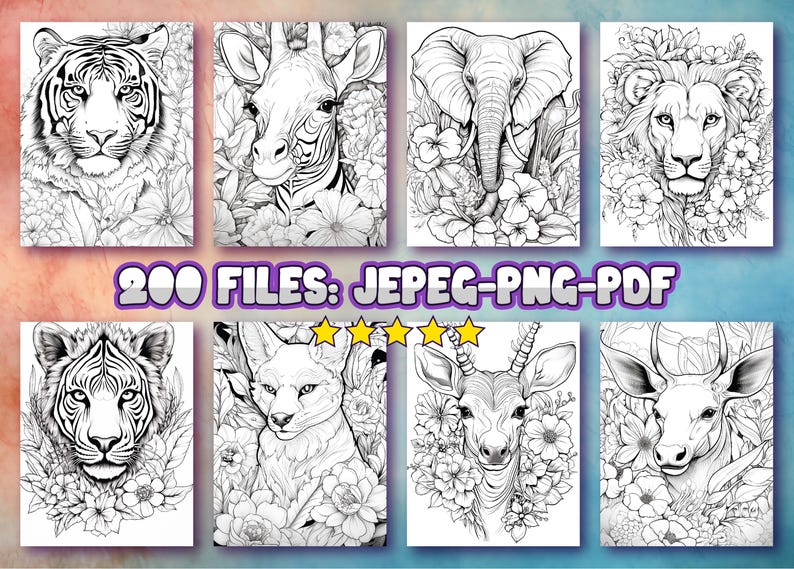 200 Floral Safari Animal Coloring Pages for Adults - Etsy