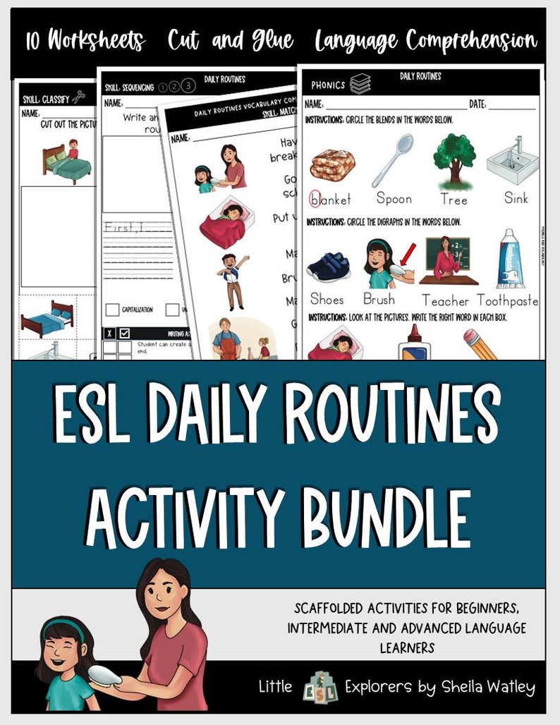 ESL Daily Routines Worksheet Bundle | Phonics | 4 Language Skills and ...
