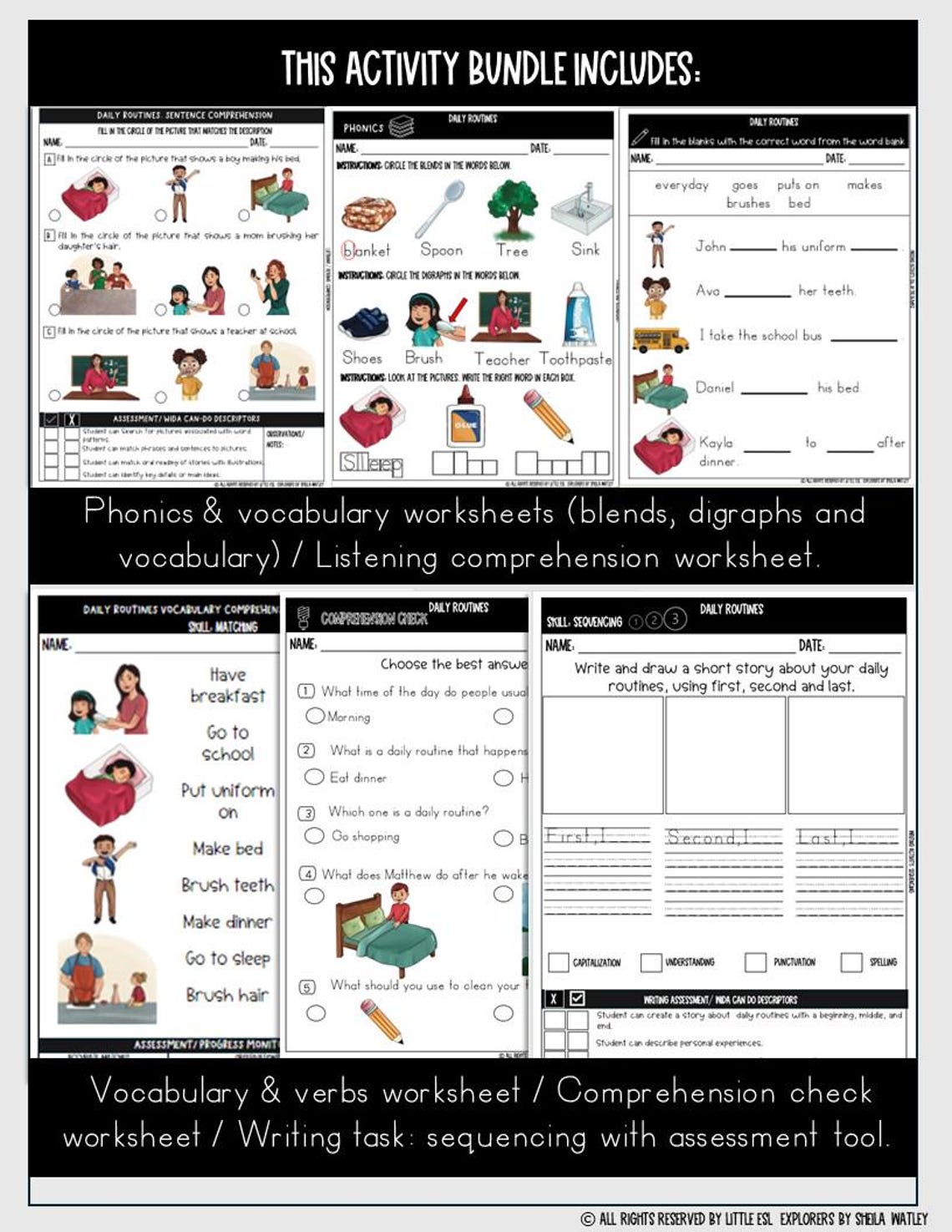 ESL Daily Routines Worksheet Bundle | Phonics | 4 Language Skills and ...