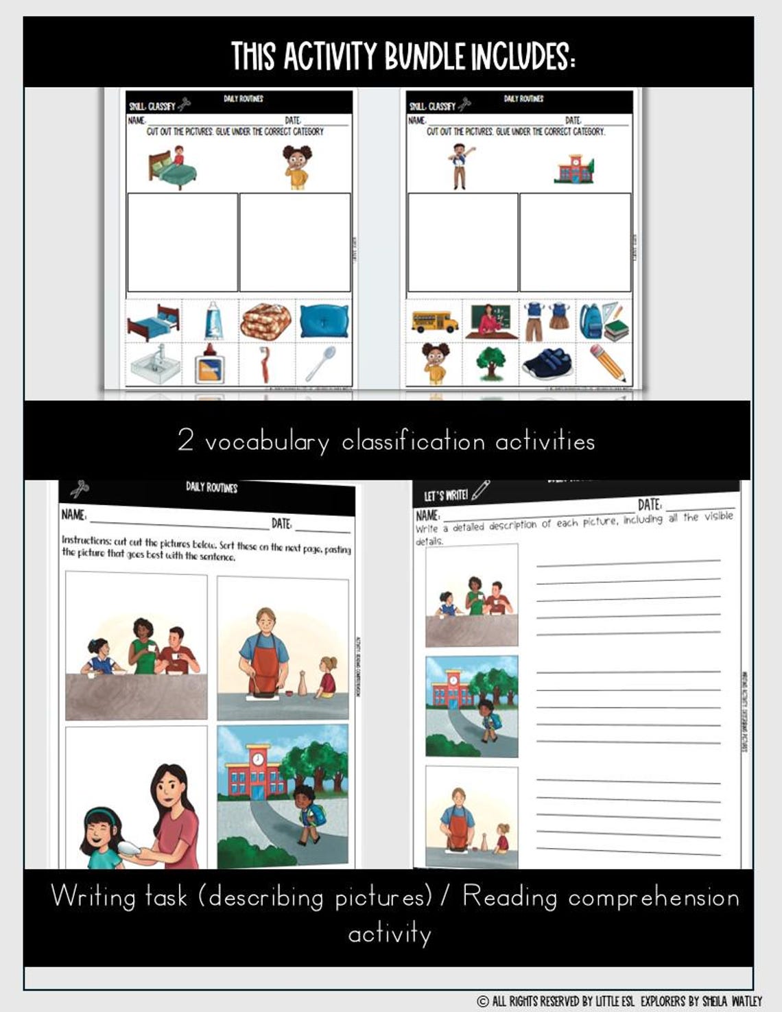ESL Daily Routines Worksheet Bundle | Phonics | 4 Language Skills and ...