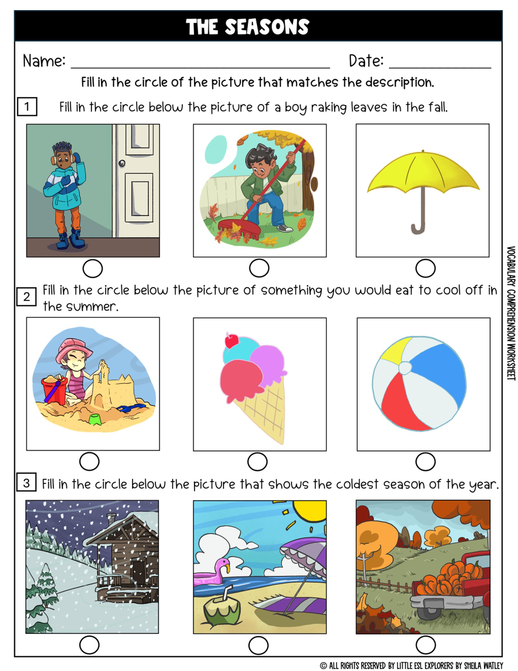 ESL Seasons Worksheet Bundle | Vocabulary | Comprehension | Language ...