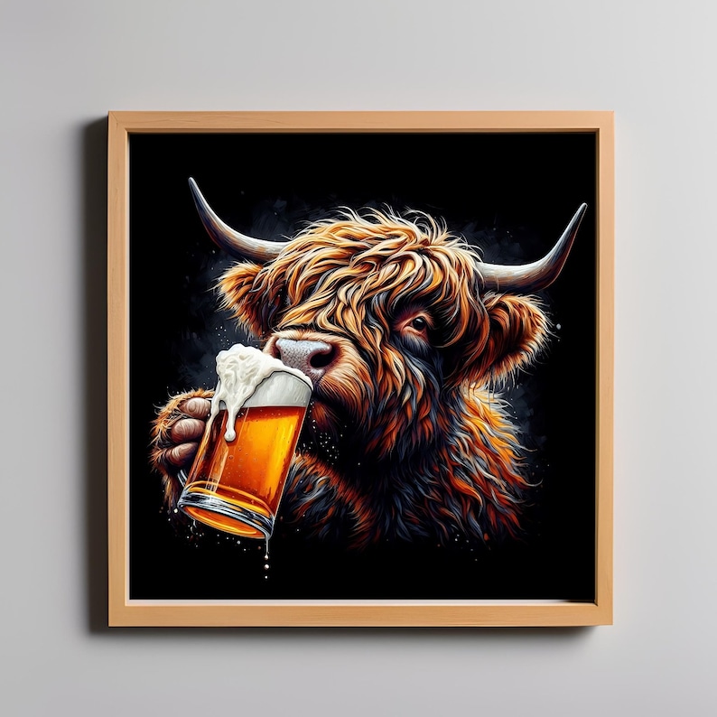 Portrait Highland Cow Drink Beer Wall Art Printable Gift Digital Wall ...