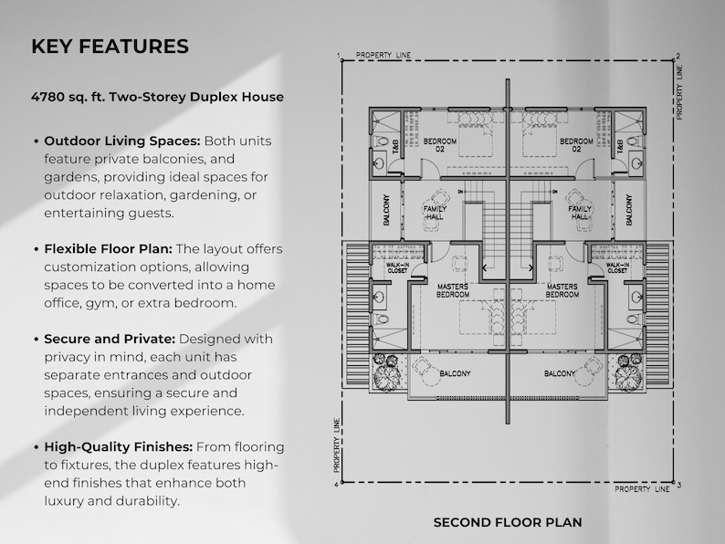 Planos arquitectónicos de casa dúplex moderna, 3 habitaciones, sala de estar, balcón, jardines ...