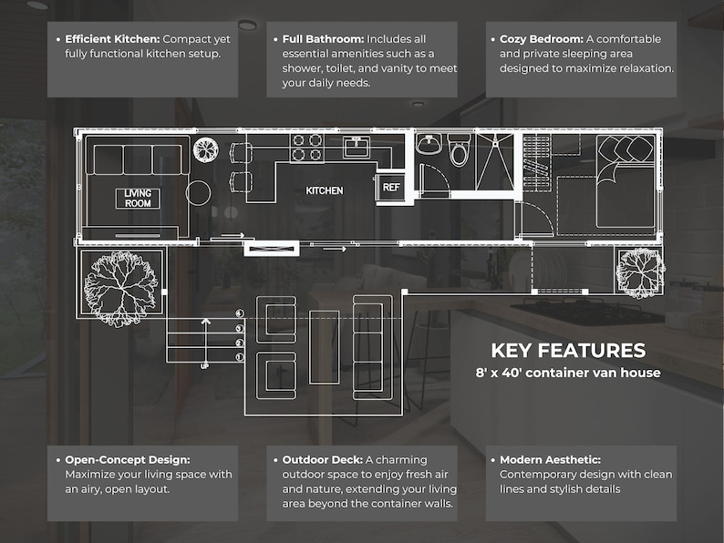 8'x40' Container Van House Architectural Plan, Bedroom, Full Kitchen ...
