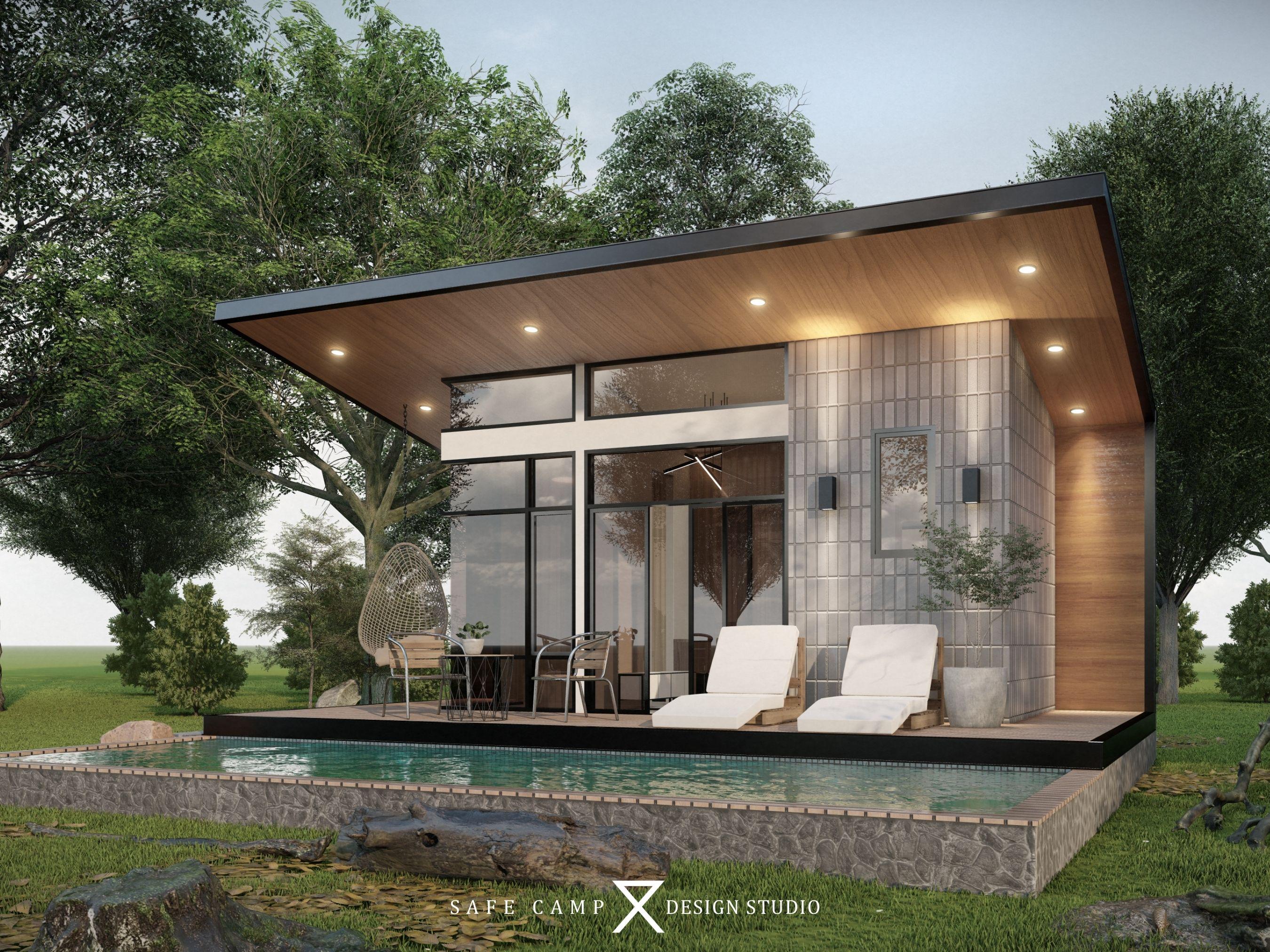 10'x20' Moden Tiny House W/ Pool & Deck Architectural Plans, Bedroom, Kitchen, 200sqft. Modern ...