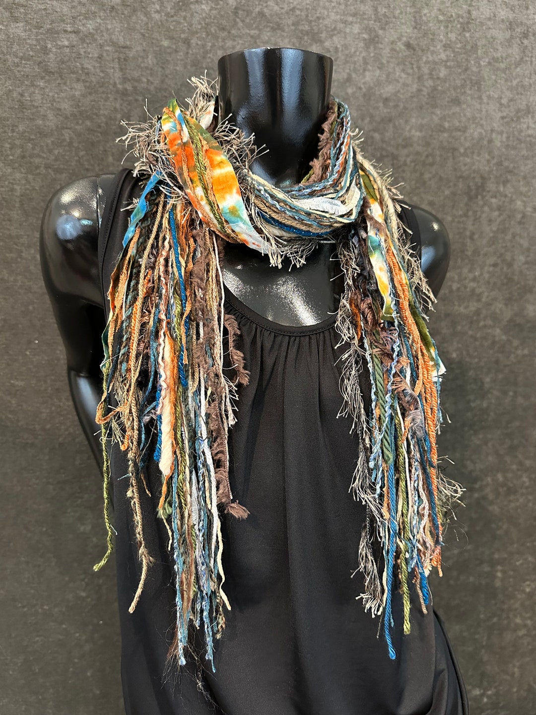 Boho Style Fringie Scarf in Fall Colors Green Orange , Handmade Art ...