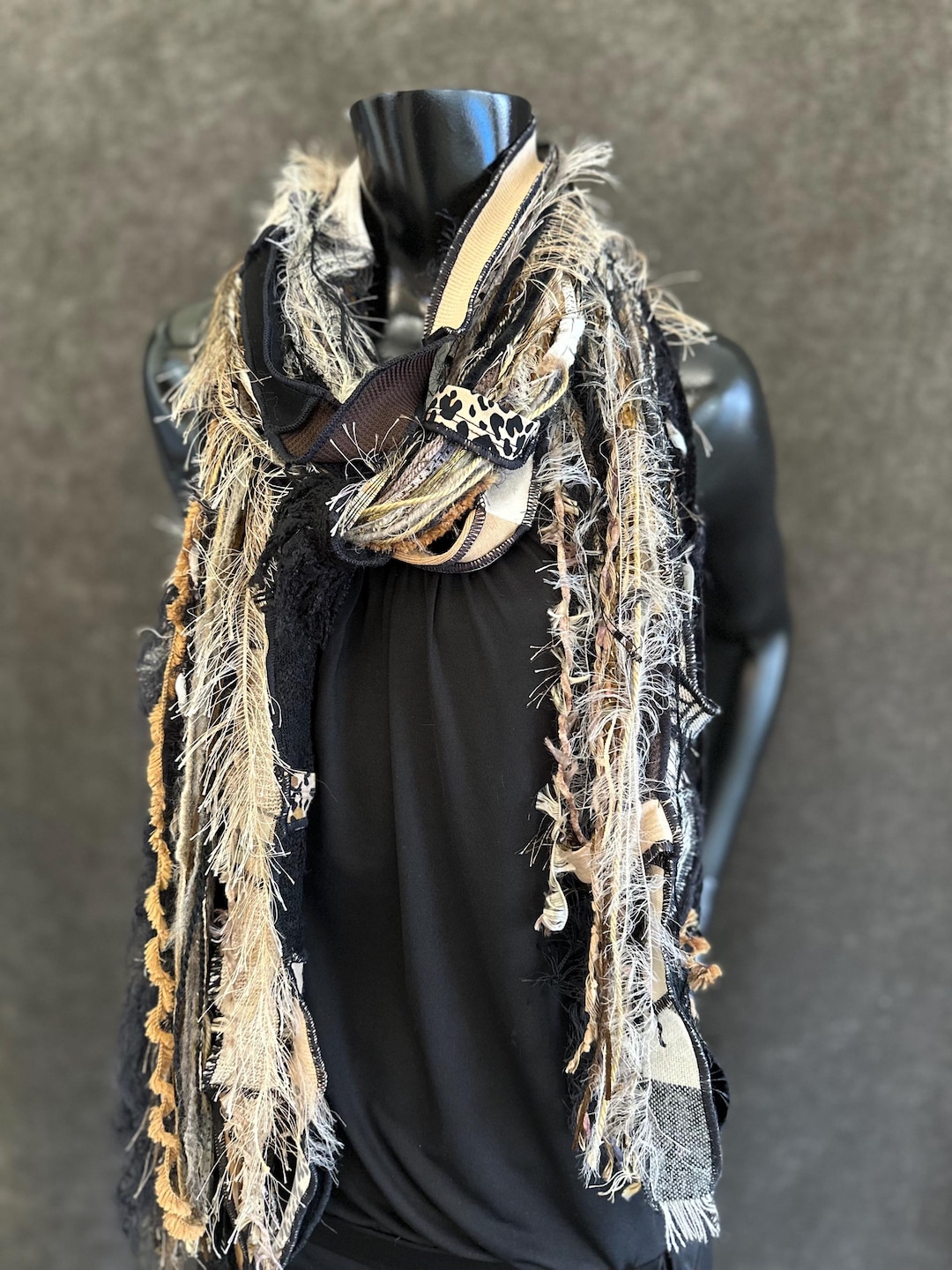 Bohemian Handmade Long Boho Fabric Plus Art Yarn Scarf, Shreds Fringie ...