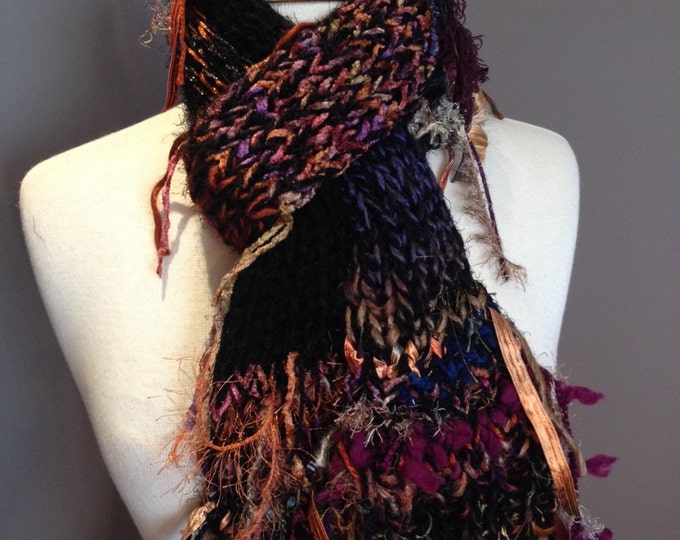 Hand Knit Funky Scarf Scrappy Knit Original Dumpster Diva Knit Fringed ...