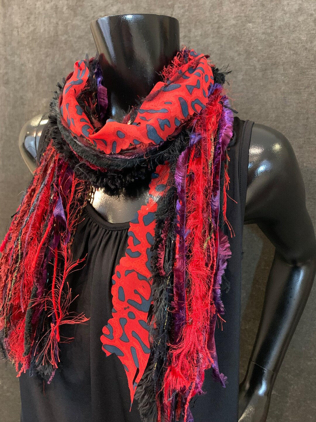 Art Yarn Scarf, Fringie With Animal Print Red Purple Black, Fringe ...