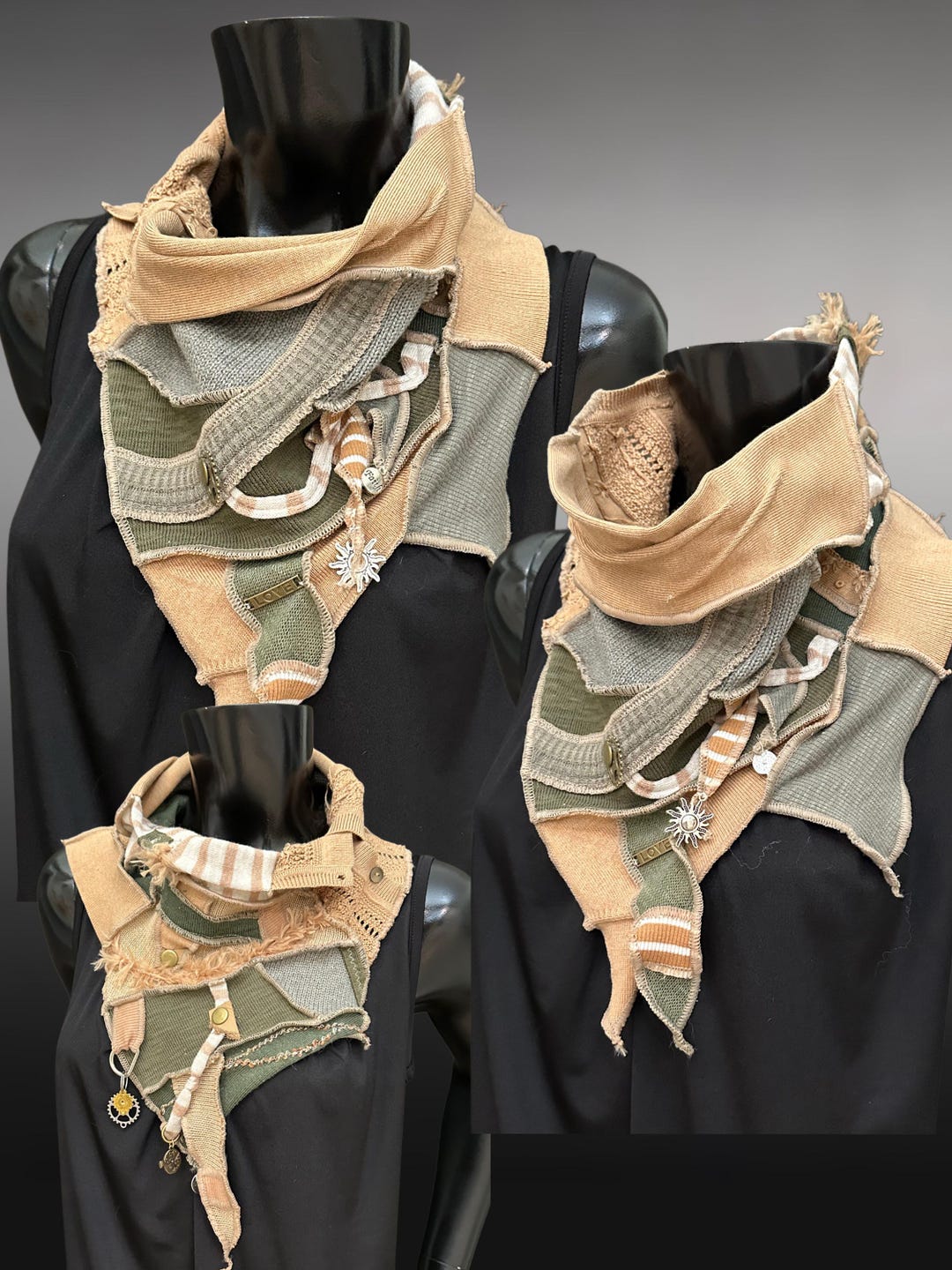 Upcycled Couture Neck Cowl Scarf in Sage Olive Beige, Boho Hippie Art ...