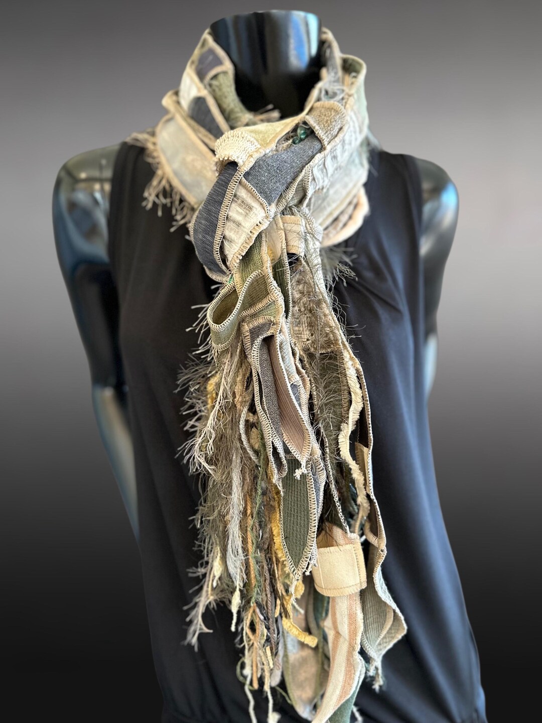 Bohemian Handmade Long Boho Olive Sage Gray Scarf, Shreds Fringie Yarn ...