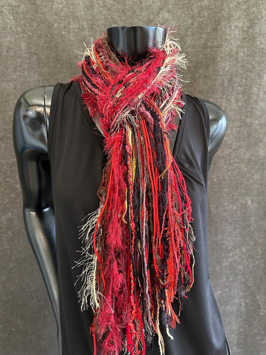 Fringie Scarf in Red Black Gray, Fringe Scarf, Handmade Art Yarn Scarf ...