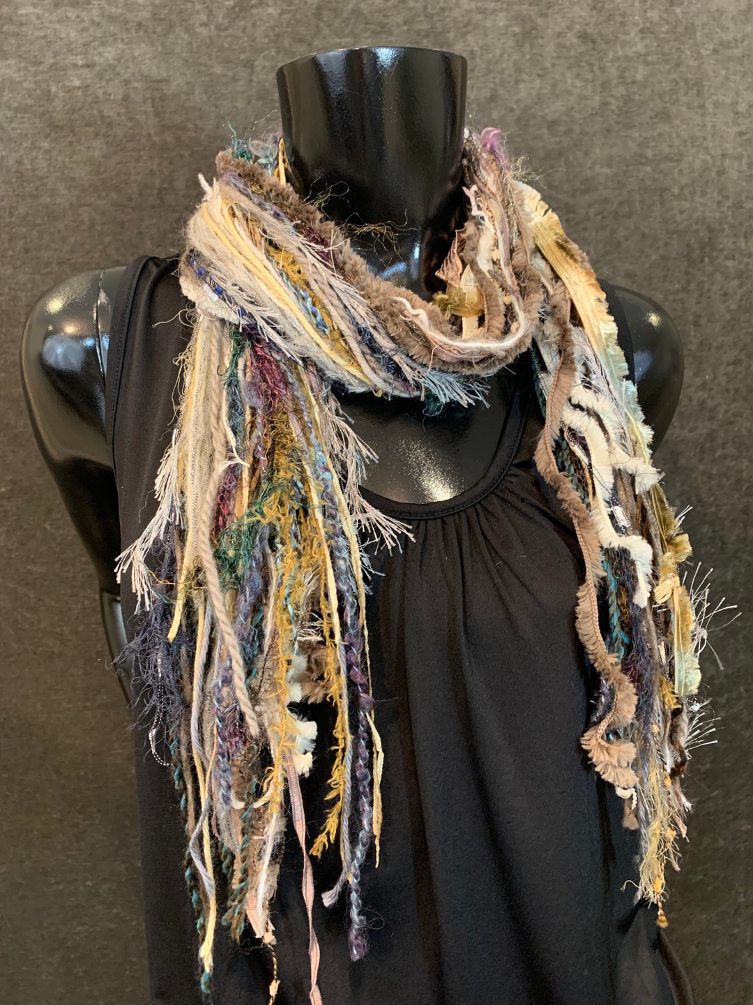 Art Yarn Scarf, Fringie in Jewel Tones, Purple Aqua Taupe Boho Fringe ...