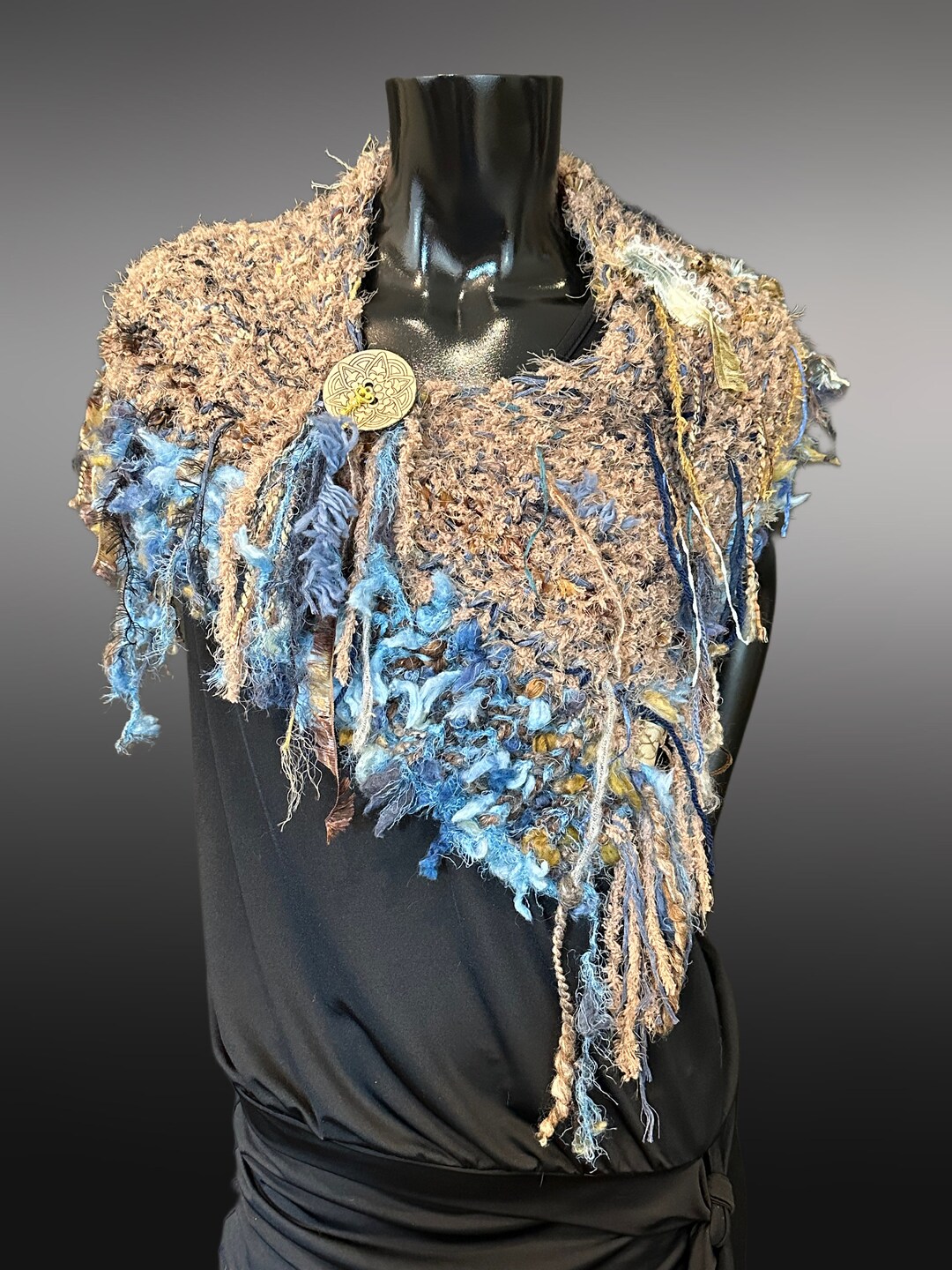 Fur Poncho, Hand Knit Funky Beige Blue Poncho, Fringed Poncho, Fur ...