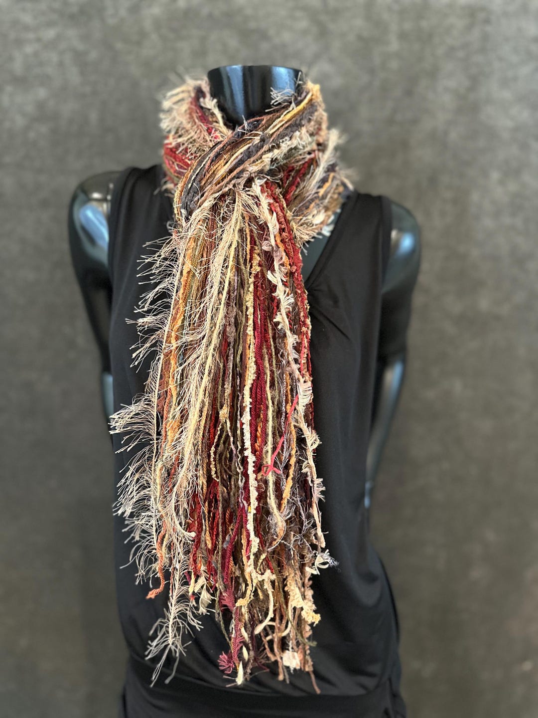 Fringie Scarf in Burgundy Beige Shades, Fringe Scarf, Handmade Art Yarn ...