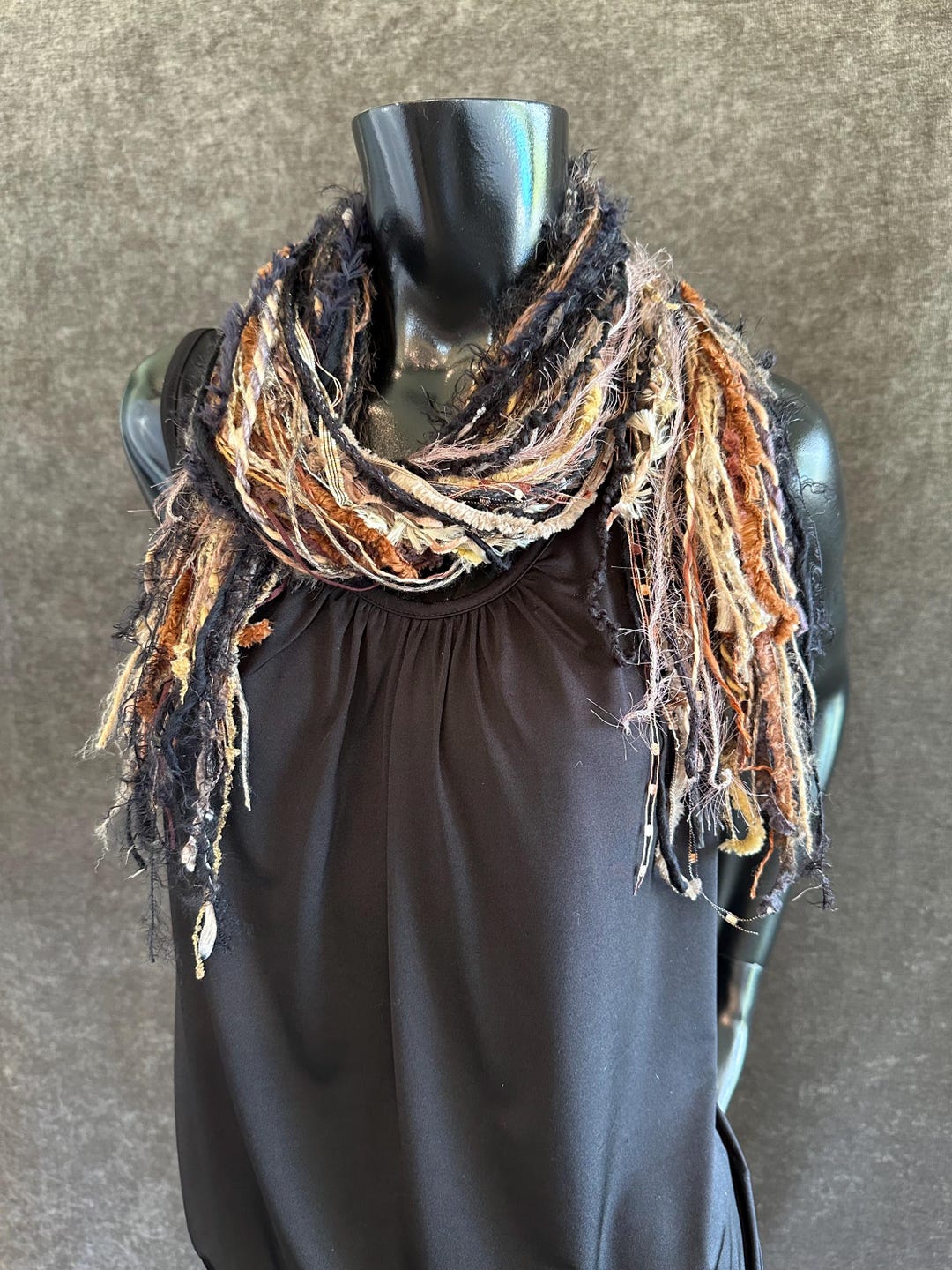 Art Yarn Fringie Boho Scarf in Neutral Tones Black and Beige, Bohemian ...