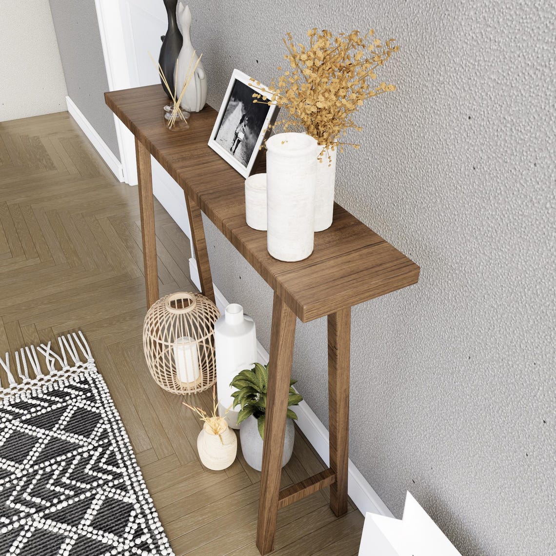 Walnut Narrow Console Table, Rustic Wooden Sofa Table, Mid Century ...