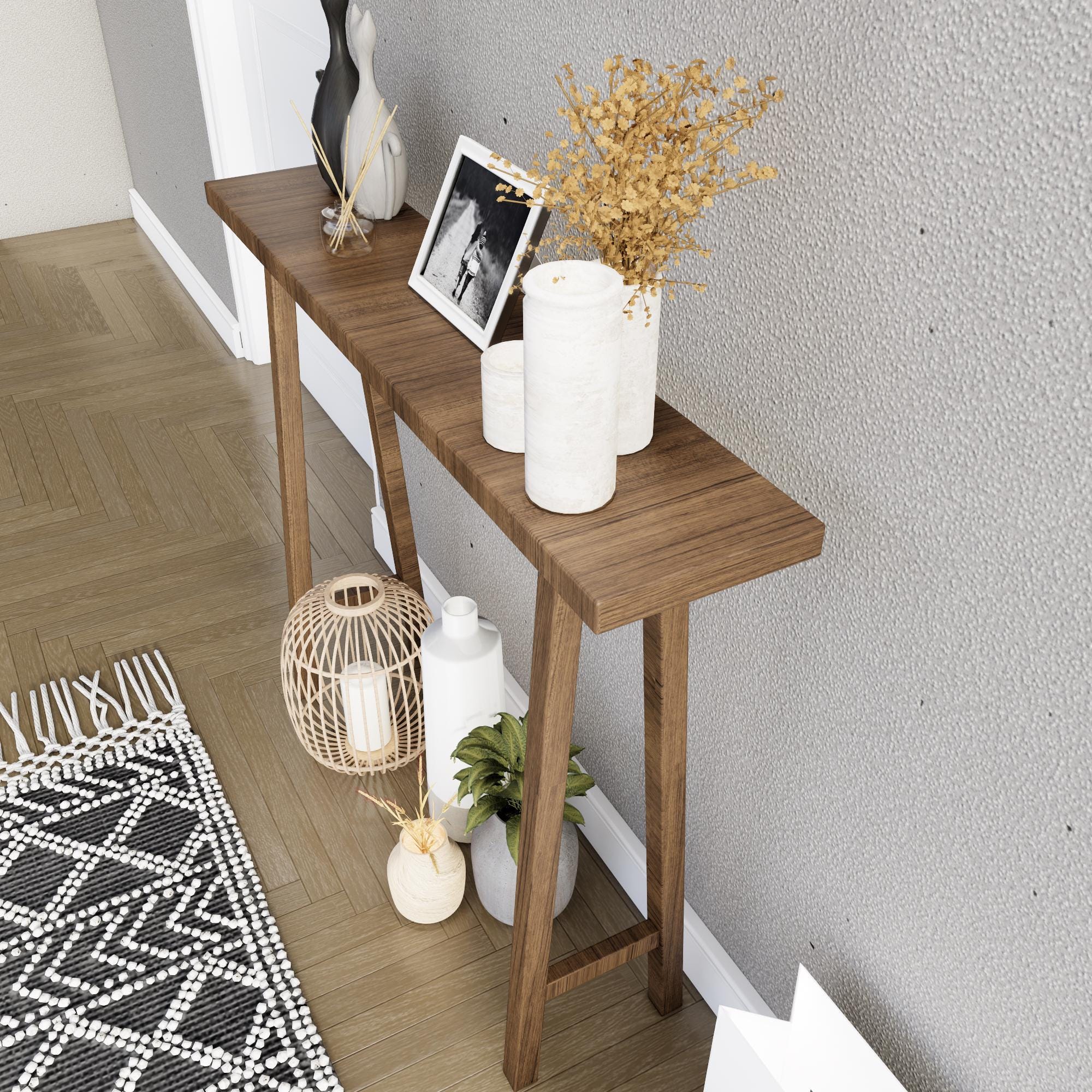 Walnut Narrow Console Table, Rustic Wooden Sofa Table, Mid Century ...
