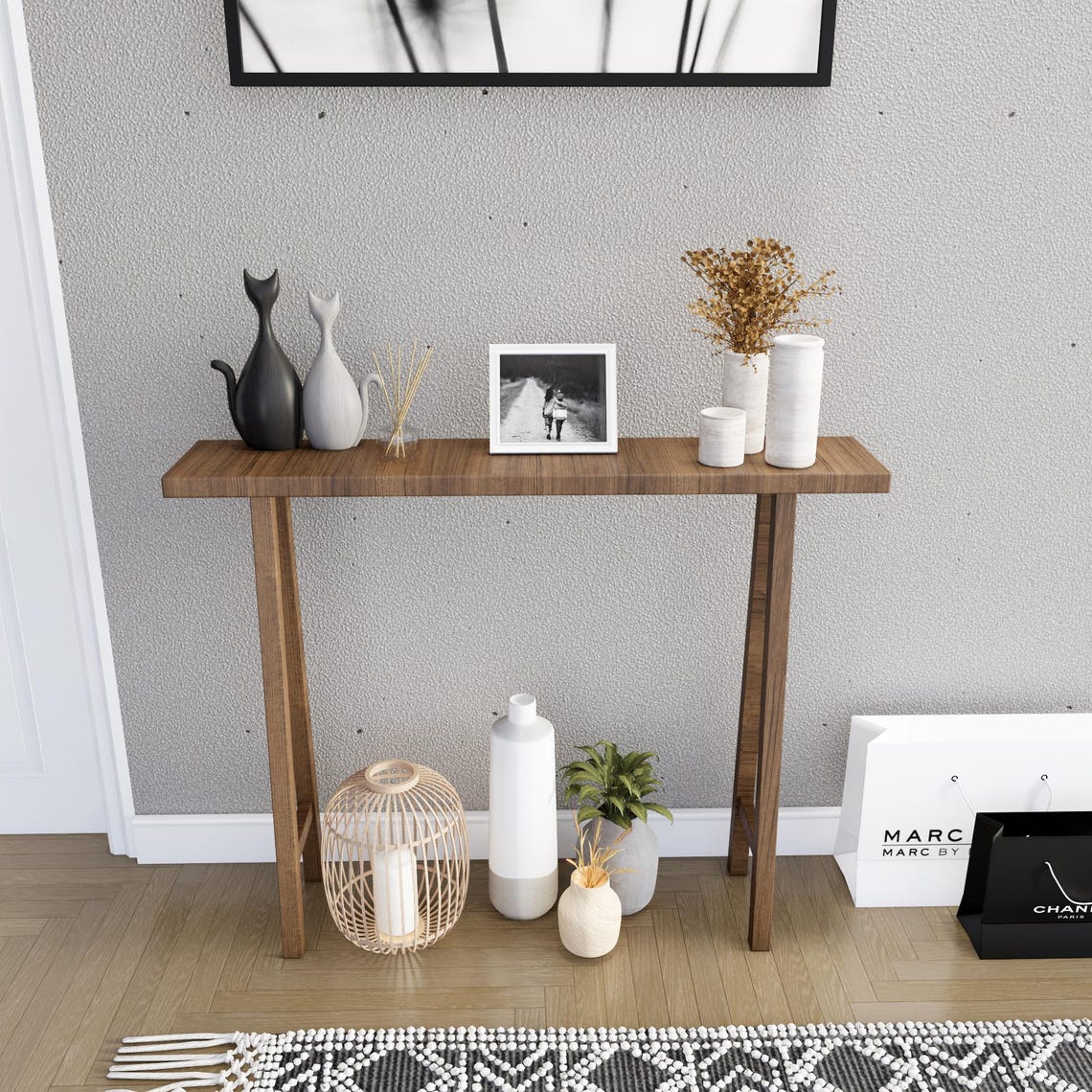 Walnut Narrow Console Table, Rustic Wooden Sofa Table, Mid Century ...