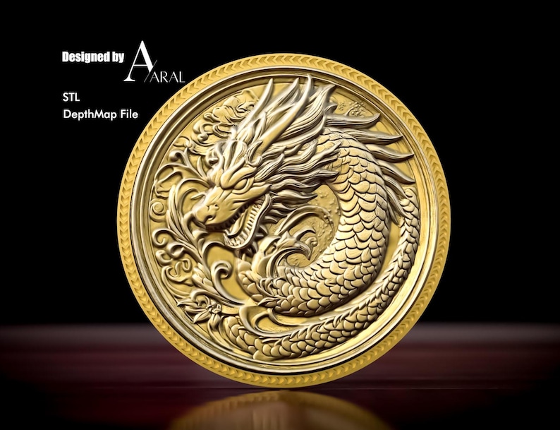 Dragon 3D Engraving Coin Design - Depthmap - STL - Engraving Design for ...
