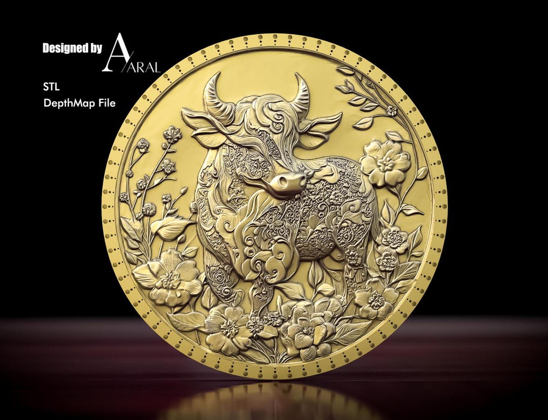 Ox 3D Engraving Coin Design - Depthmap - STL - Engraving Design for ...