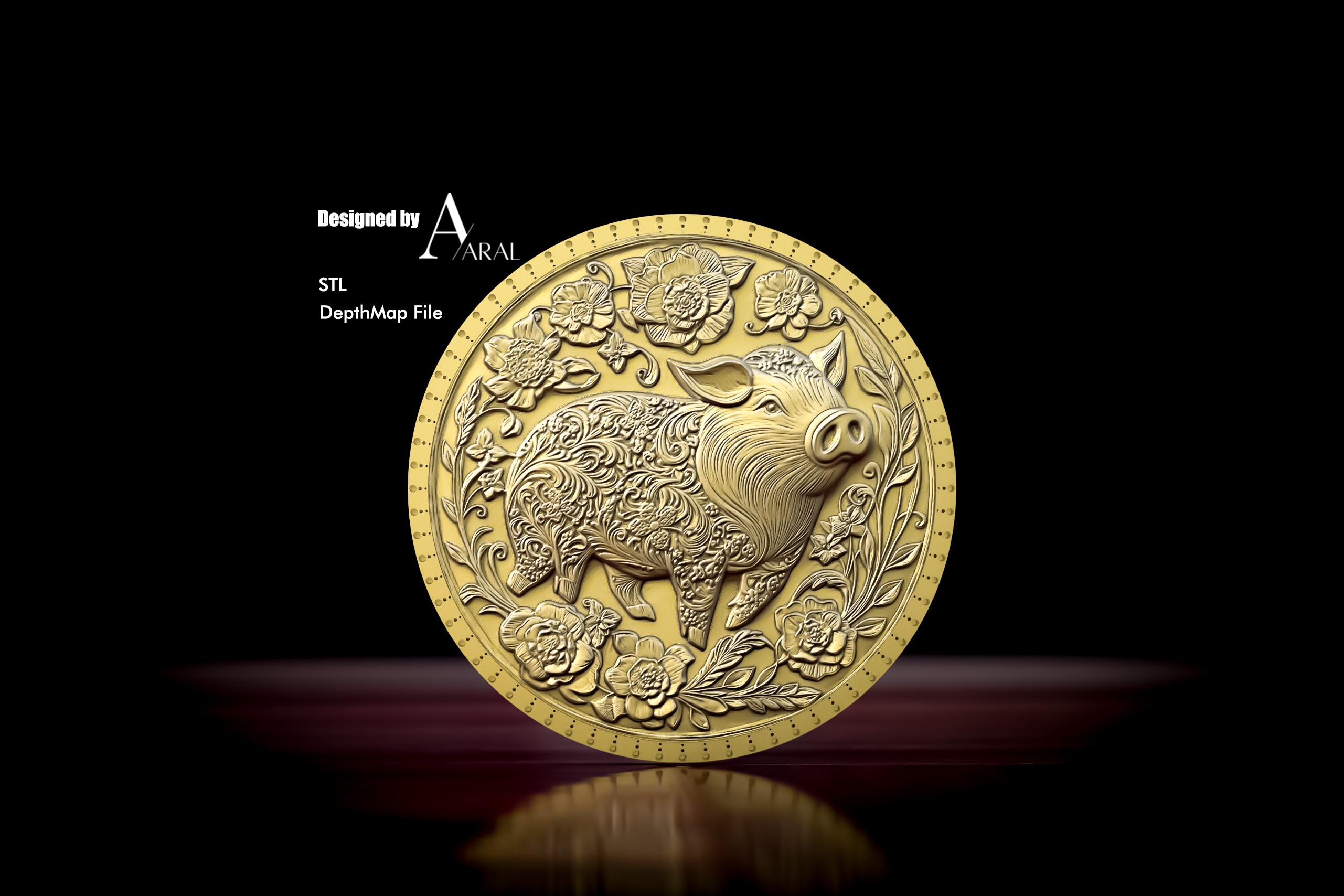 Pig 3D Engraving Coin Design Depthmap STL Engraving Design for Fiber ...