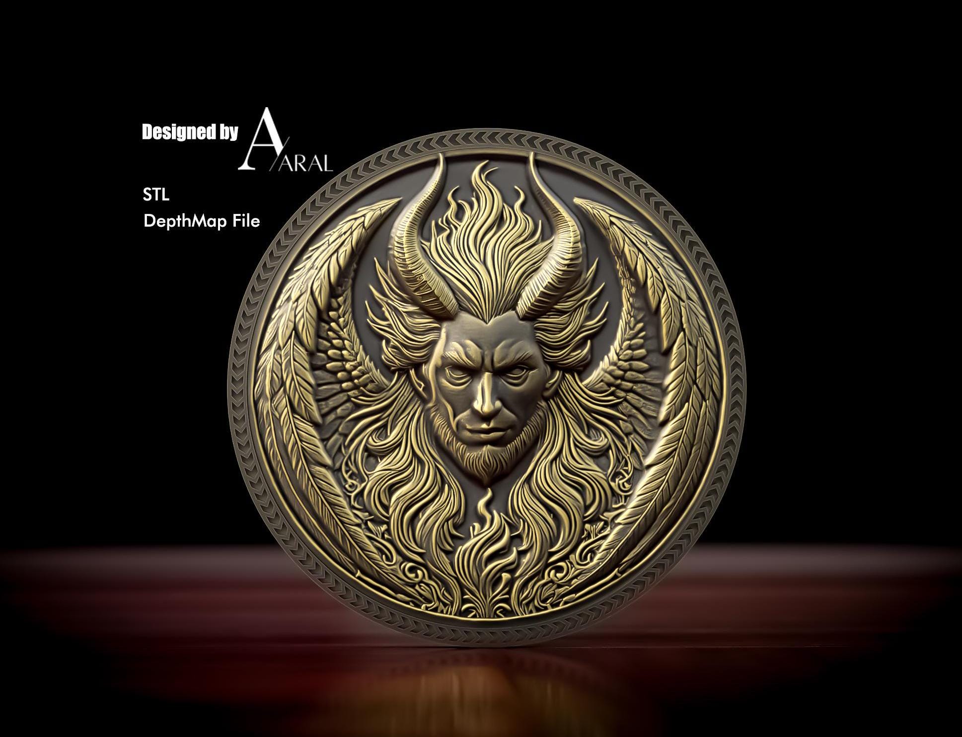 3D Devil Engraving Coin Design: Depth Map STL File for Fiber Laser ...