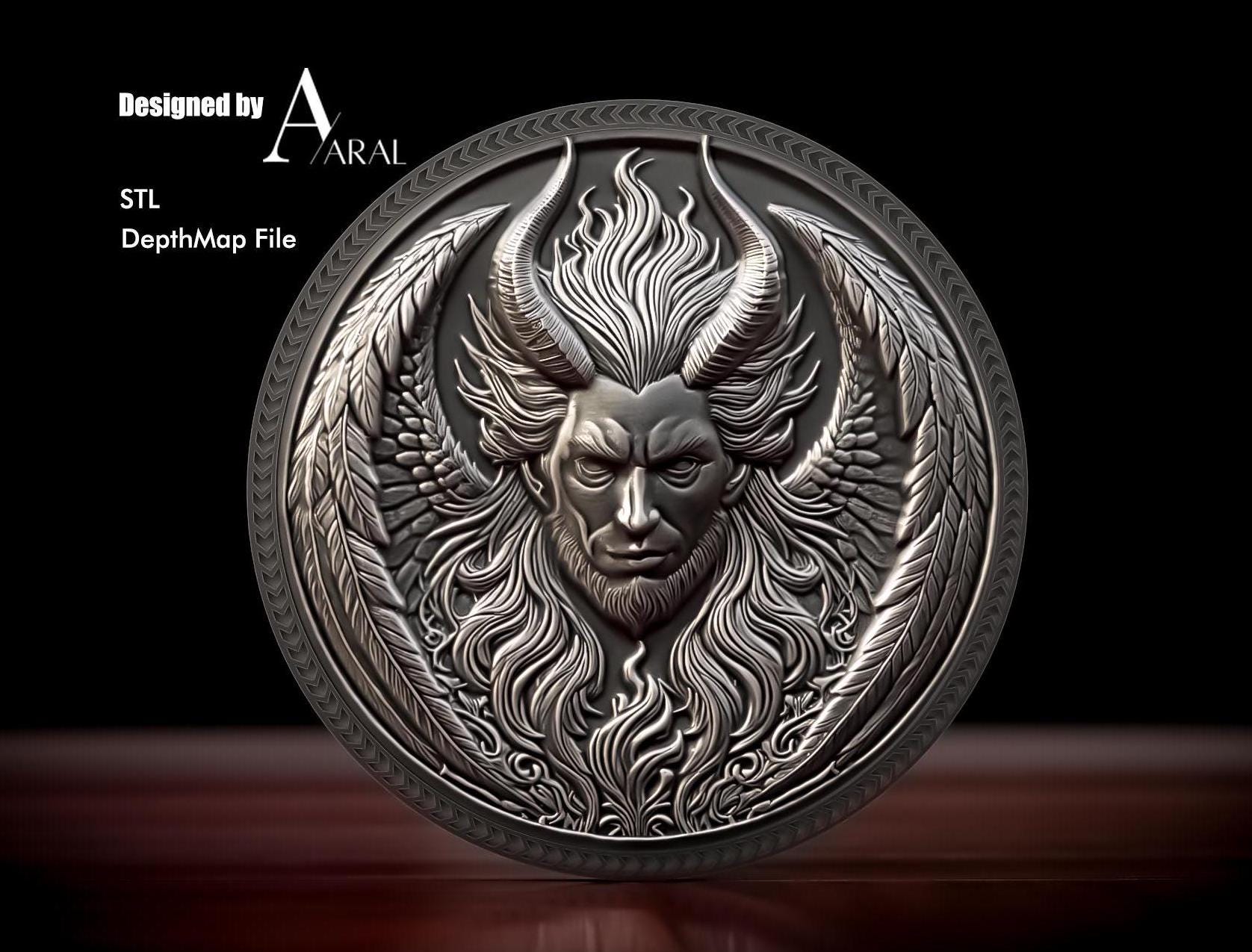 3D Devil Engraving Coin Design: Depth Map STL File for Fiber Laser ...