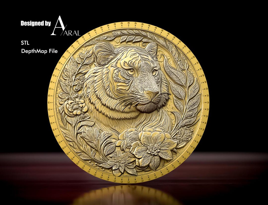 Tiger 3D Engraving Coin Design - Depthmap - STL - Engraving Design for ...