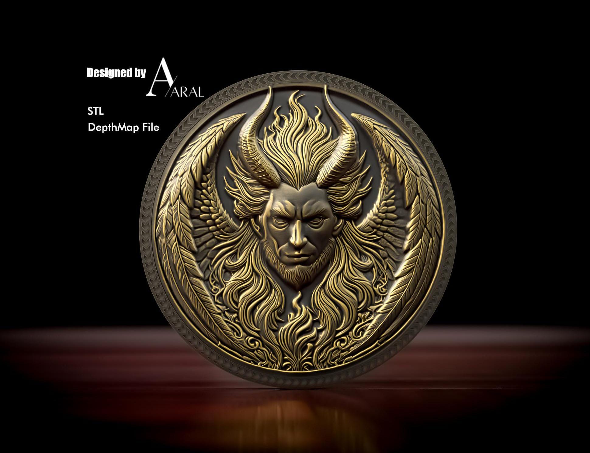 3D Devil Engraving Coin Design: Depth Map STL File for Fiber Laser ...