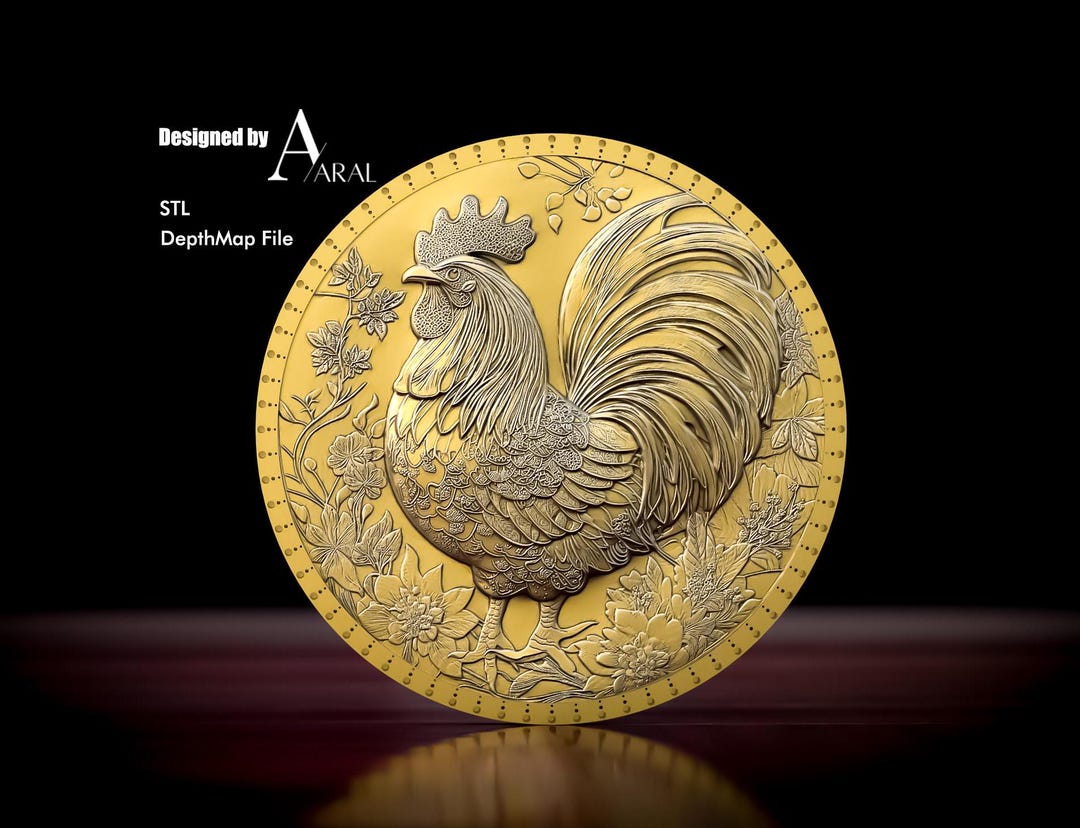 3D Rooster Coin Design: Chinese Zodiac Engraving Depthmap STL for Fiber ...