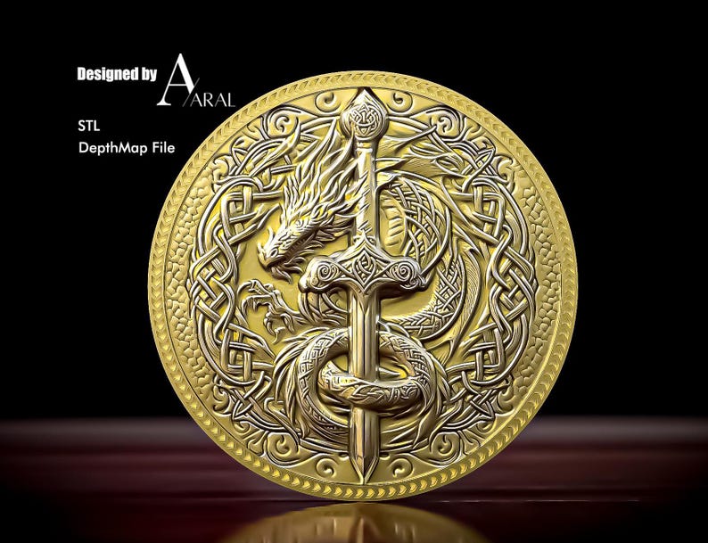 3D Dragon Sword Coin Engraving Design: Depth Map STL File for Fiber ...